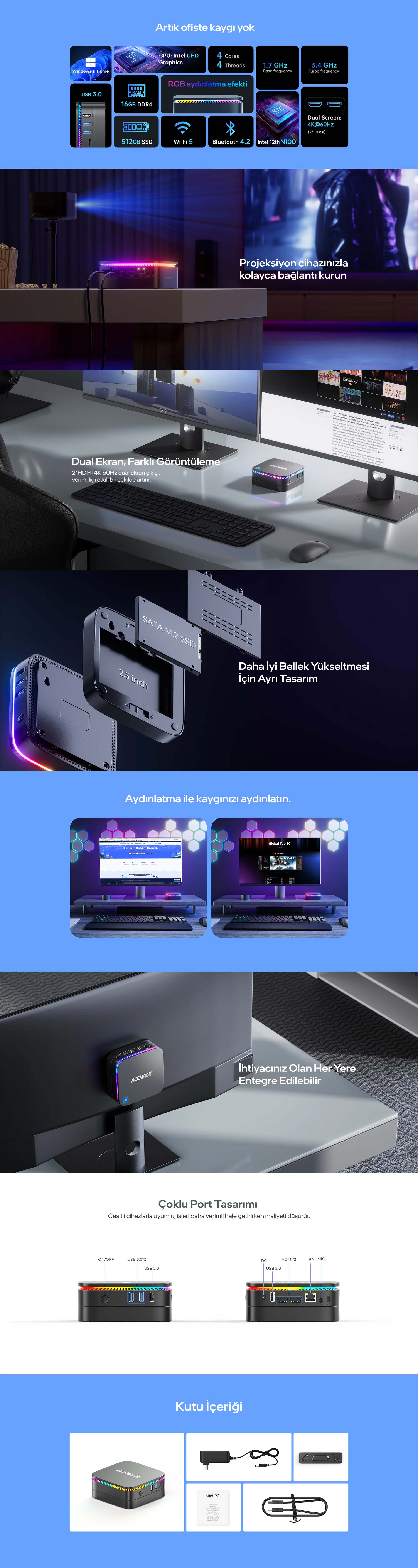 Acemagic AK1 PLUS Intel N100 16GB DDR4 512GB NVMe 2xHDMI 2x3.0 USB / Wifi6 / BT5.2 WİN11Pro Mini Pc